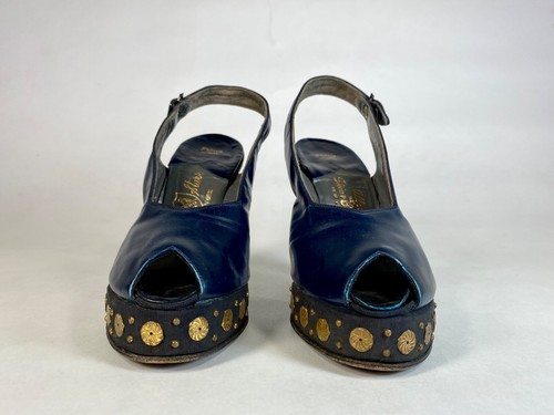 Vintage 1940's MACKEY STARR navy leather platform heels with spangles ...