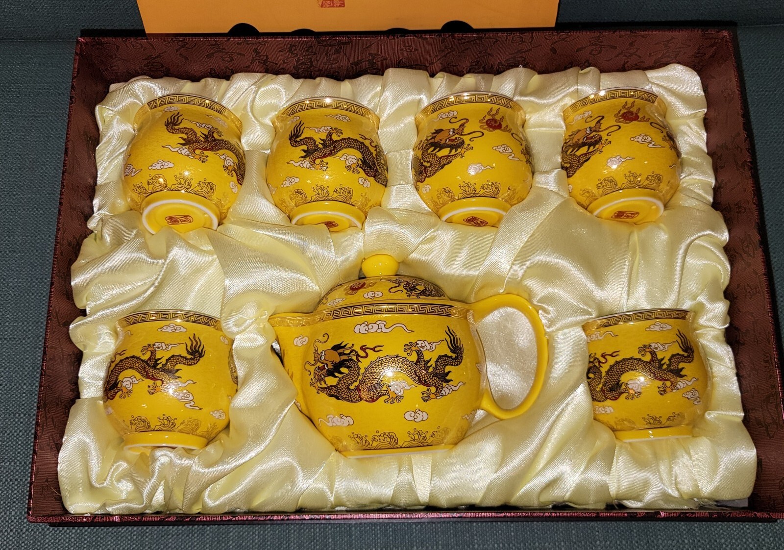 Chinese Tea Gift Set Porcelain Ceramics Pot w/ 6 Cup Dragon Yellow | eBay