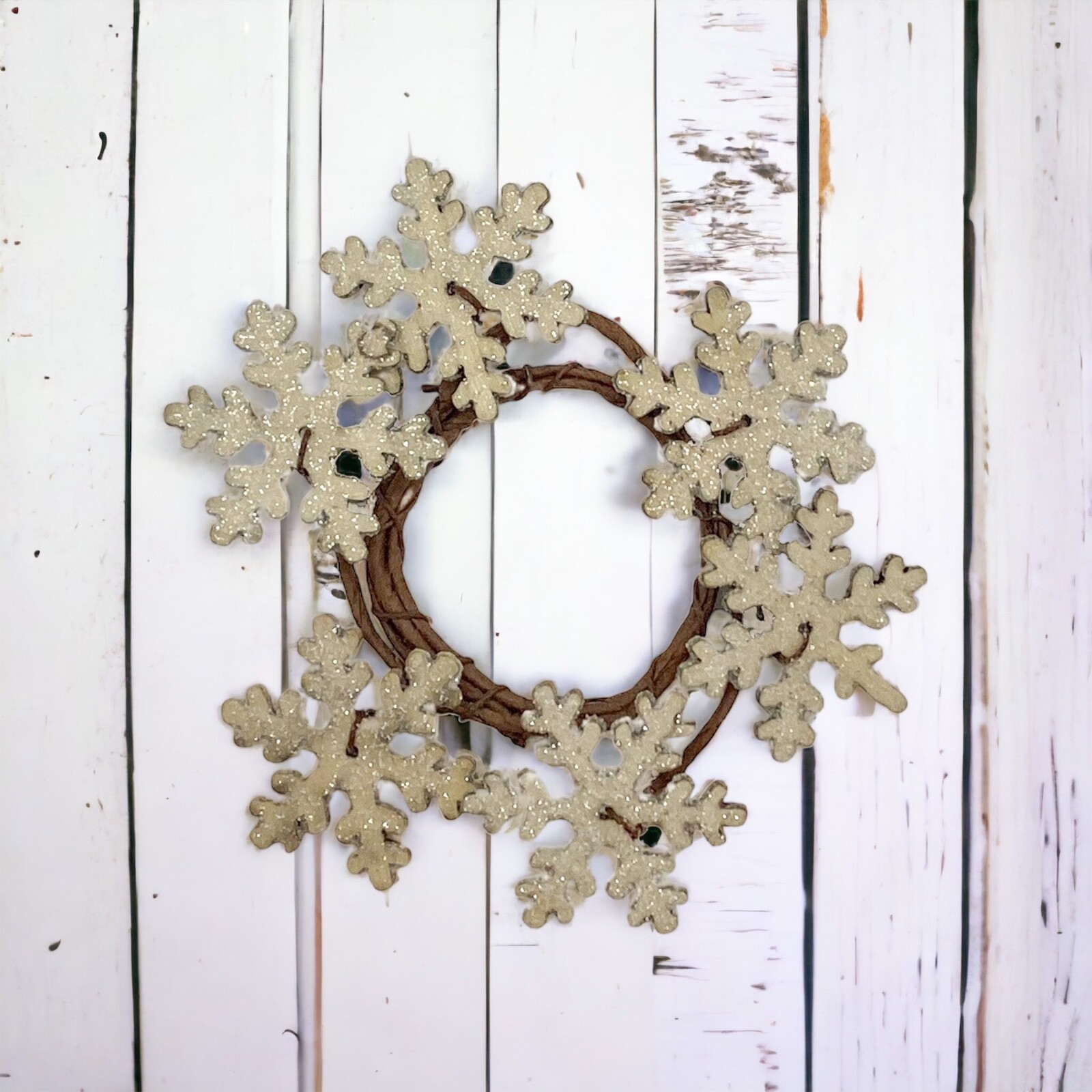 Wooden Glitter Vintage Style Snowflake Candle Ring / Wreath 1.5" Inner ...