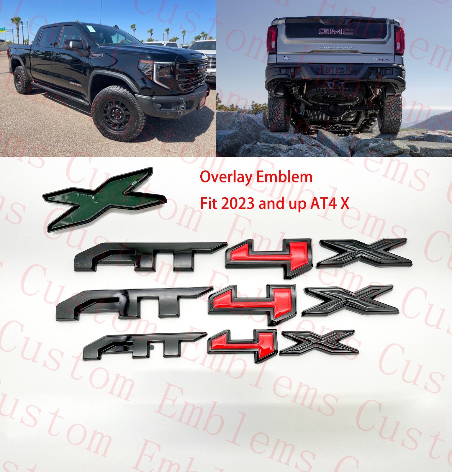 3PCS Grill Doors Rear Gloss Black Red AT4X OVERLAY Emblem 2023+ GMC ...