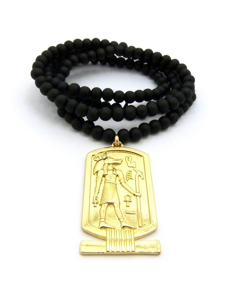 NEW EGYPTIAN ANUBIS ANKH PENDANT 6mm/30" WOODEN BEAD CHAIN NECKLACE ...