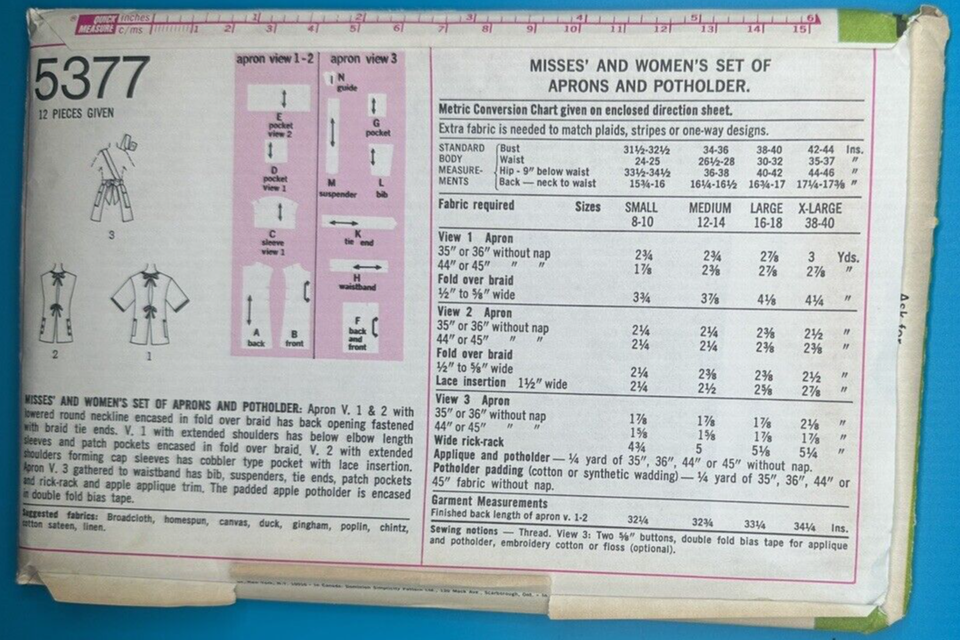 Apron Set Potholder Sewing Pattern Simplicity 5377 Med Size 12 14 1970 ...