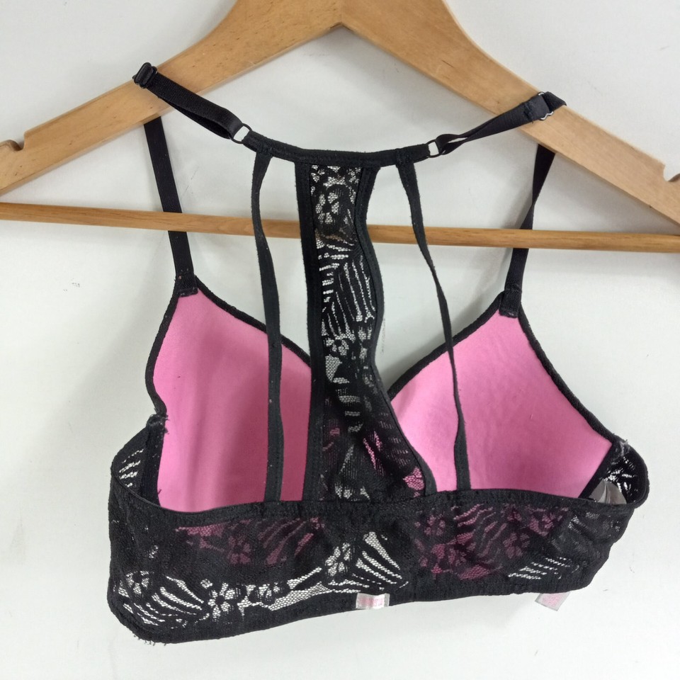 PINK Victoria's Secret Bra Women's Size 32D Black Lace Closes in Front ...