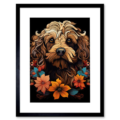 Cockapoo Dog Flowers Orange Brown Blue Art Nouveau Portrait Framed ...
