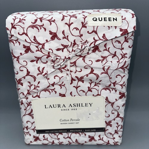 Laura Ashley 4 PC Cotton Percale Sheet Set Anna Scroll Red on White ...