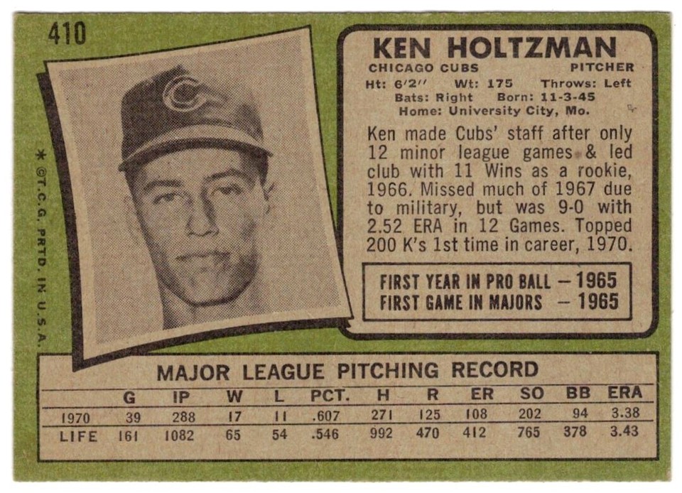 Ken Holtzman 1971 Topps Card # 410 Chicago Cubs (ex) | eBay