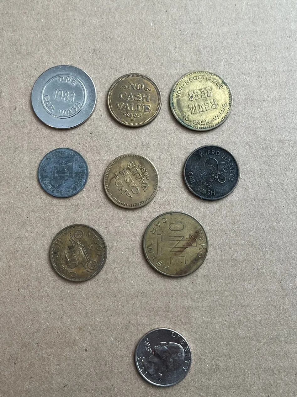 Lot of 8 Car Wash tokens, large variety and vintage Gulk maverick more ...