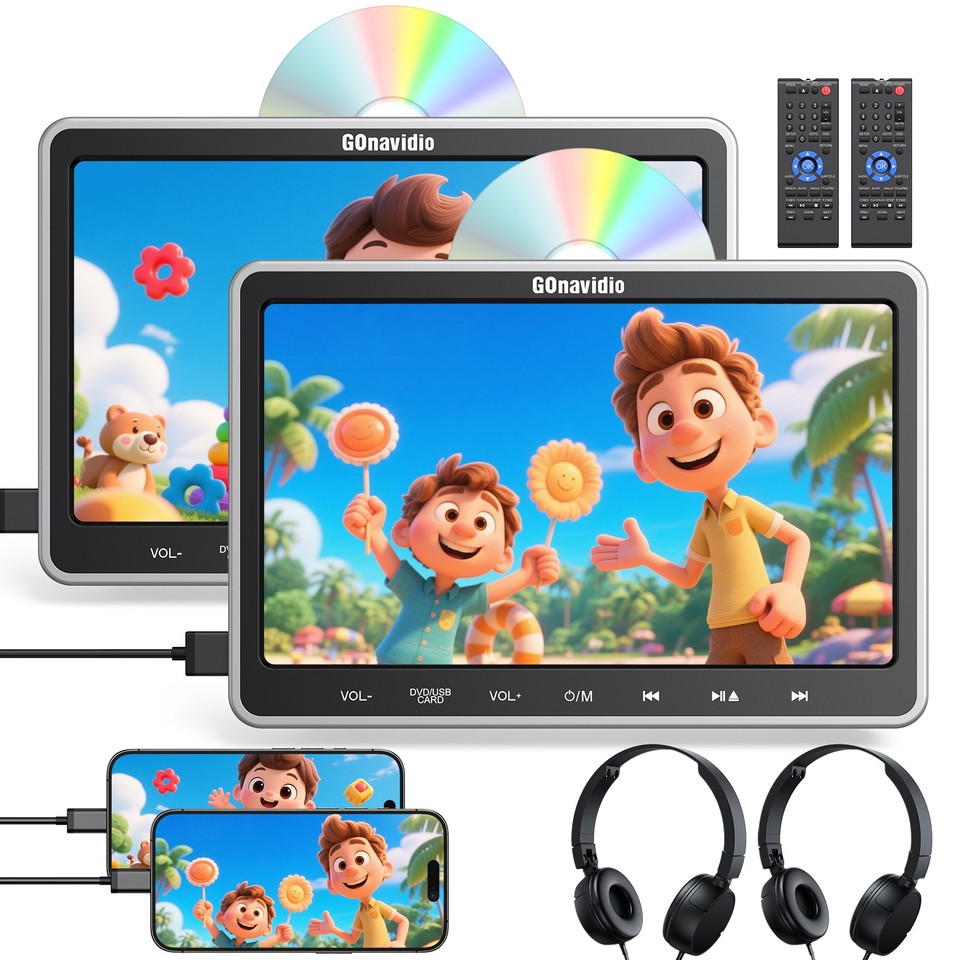 2x10.1'' Dual Screen HD Car Headrest DVD Player TV Monitor HDMI USB SD ...