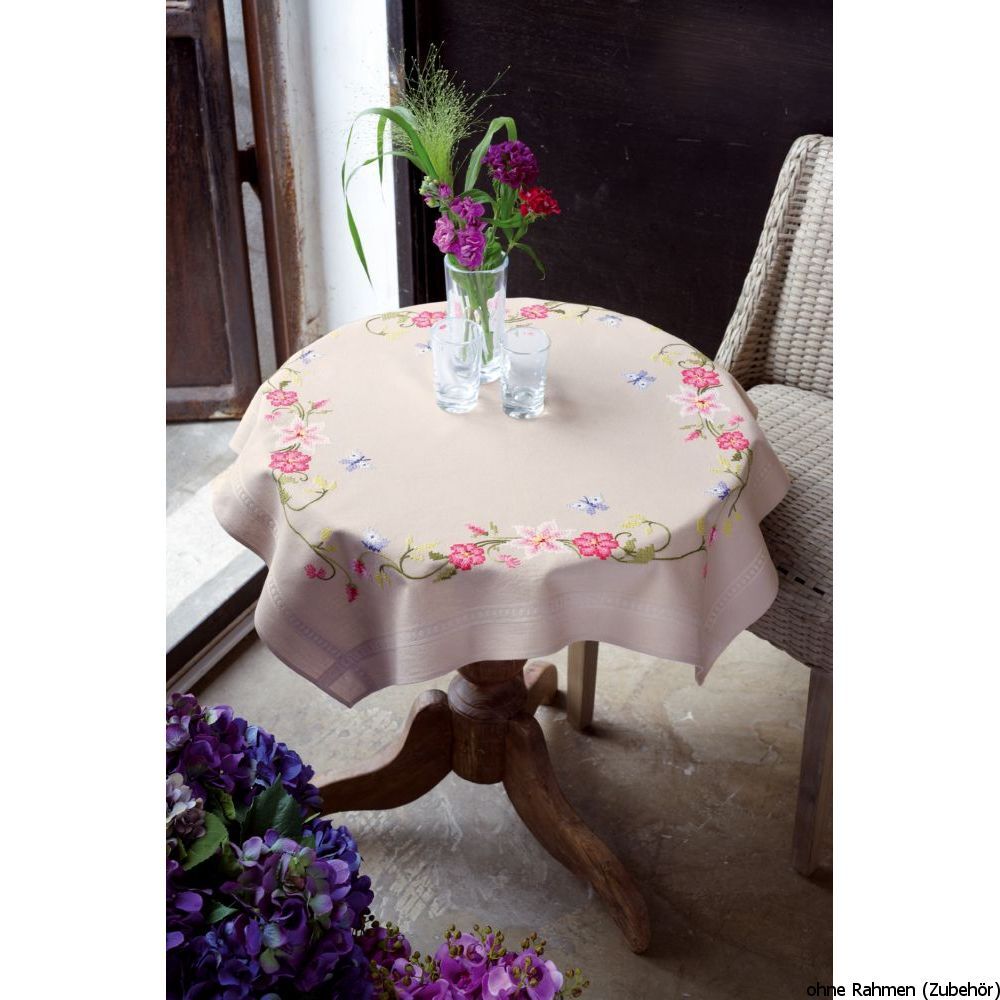 Vervaco tablecloth stitch embroidery kit kit Pink flowers and ...