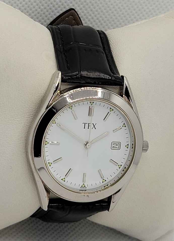 Mens TFX by Bulova Silver Tone Black Leather Band White Dial Date Watch ...