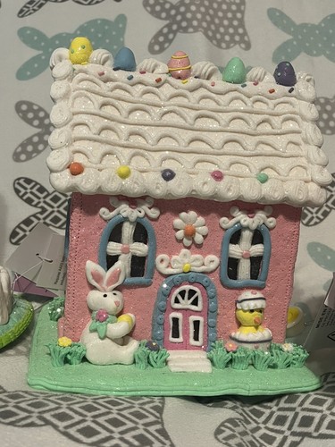 Spring Easter Bunny Rabbit Pastel PINK Gingerbread House Light Up Decor ...