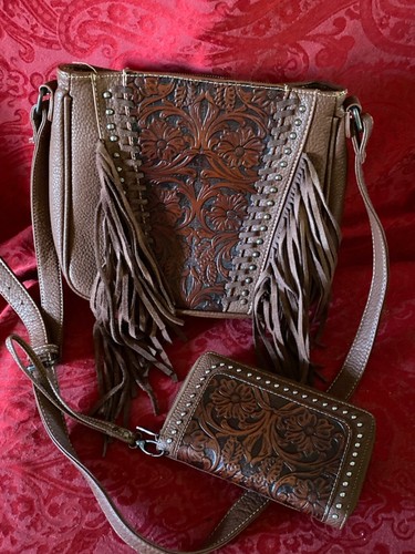 Vtg Trinity Ranch Boho Fringed Tooled Floral Leather Purse & Wristlet ...