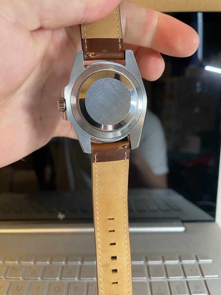 Custom Men's Watch Stainless Steel Relax Black Blue Dial Leather Strap ...