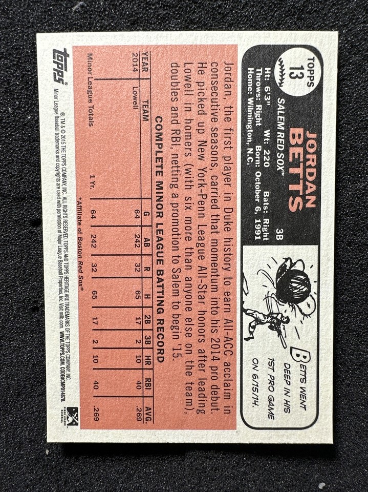 JORDAN BETTS #13 2015 Topps Heritage Minor League Edition QTY Rookie ...