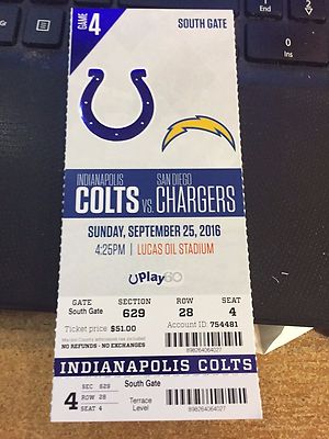 2016 INDIANAPOLIS COLTS VS SAN DIEGO CHARGERS TICKET STUB NFL 9/25 | eBay