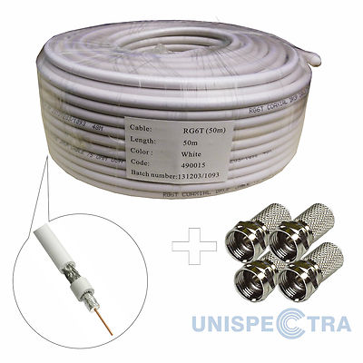 50m CCTV HD TV SKY SATELITE FREEVIEW DIGITAL AERIAL RG 6 COAXIAL CABLE ...