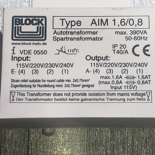 Block-Trafo - AIM1.6/0.8 Auto Transformer/Spartransformator - White ...