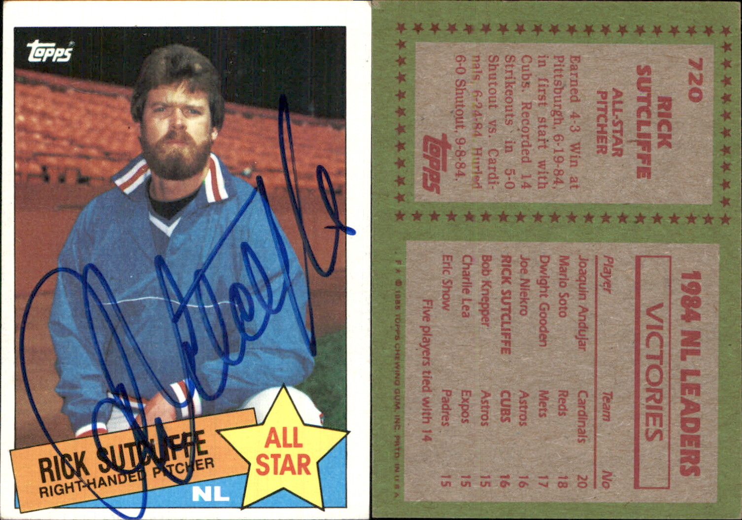 Rick Sutcliffe Signed 1985 Topps #720 Card Chicago Cubs Auto AU | eBay