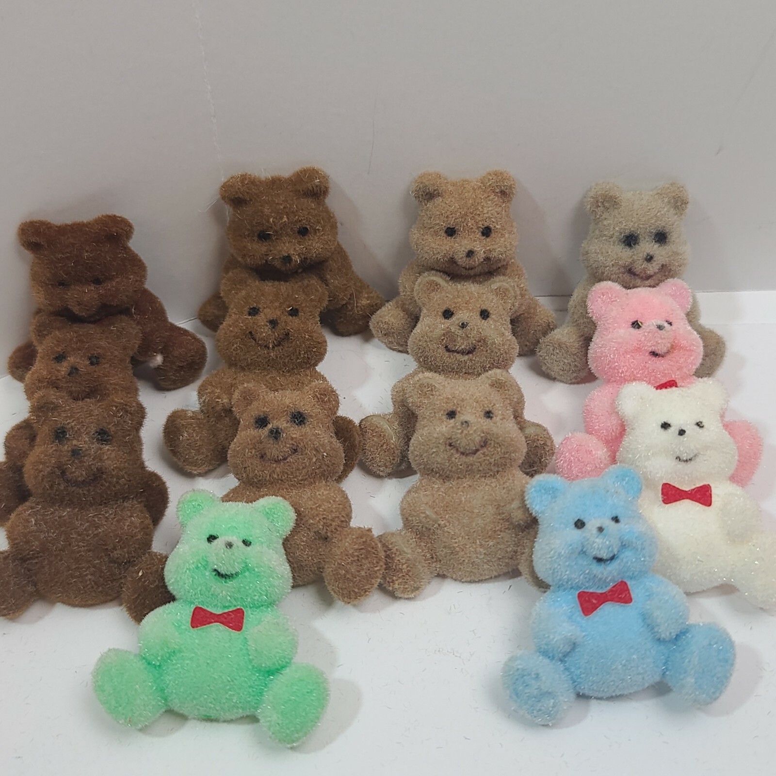 Vintage 1980's Flocked Teddy Bear (14) Lot 1.5" Multicolor Fuzzy Flat ...