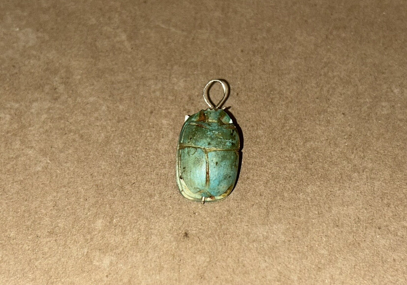 Vintage Carved Green Stone Egyptian Scarab Pendant - Gem