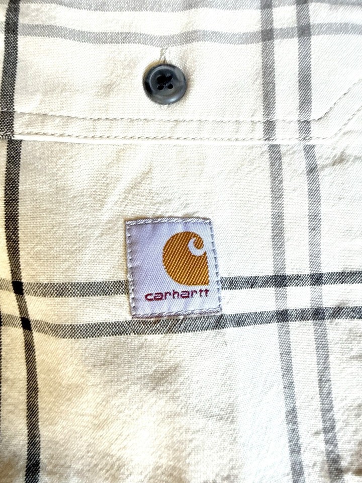 Carhartt Shirt Men Extra Large XL White Outdoor Button Up Loose Plaid ...