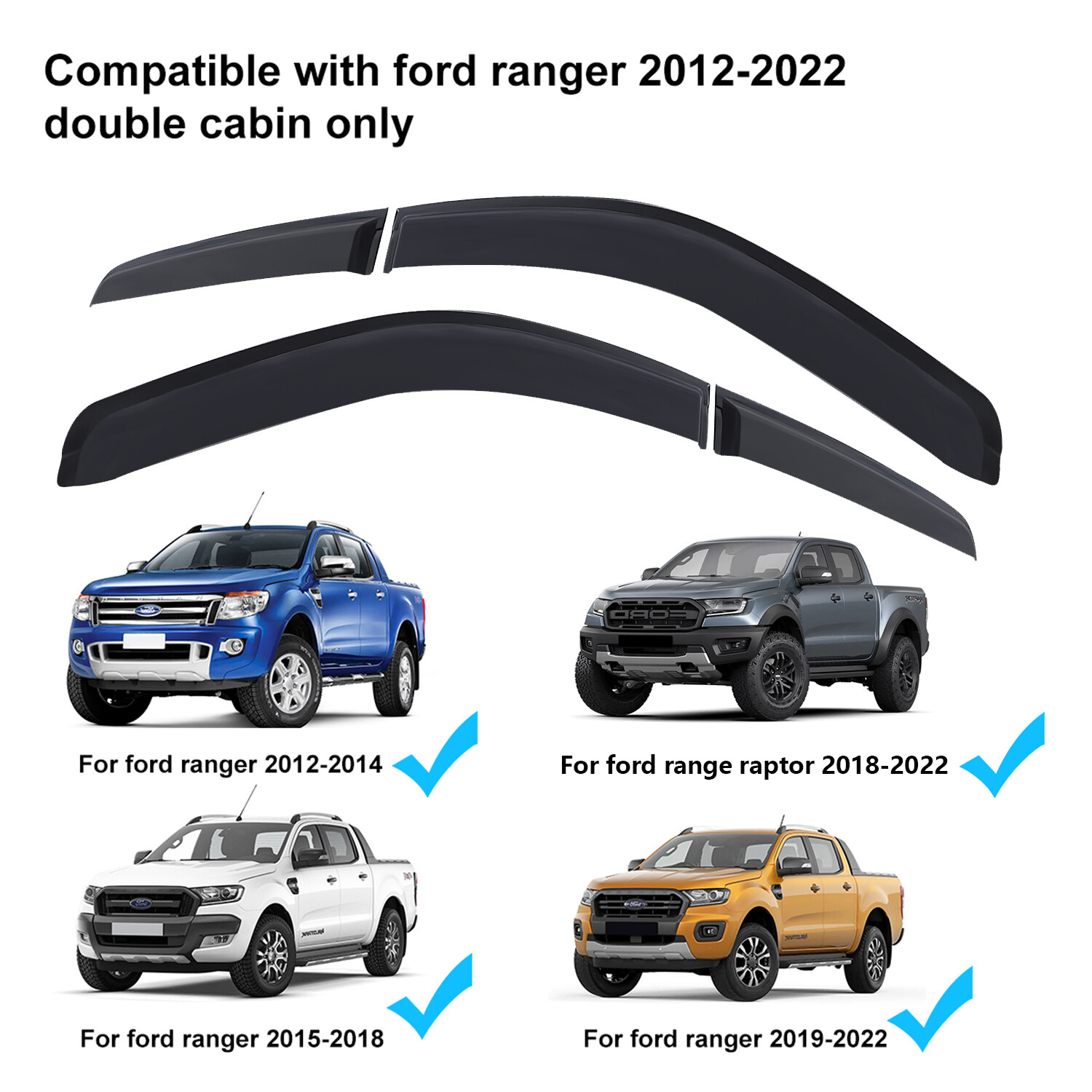 4PCS Wind Deflectors Smoke Black Rain Guard for Ford Ranger 2012-2023 ...