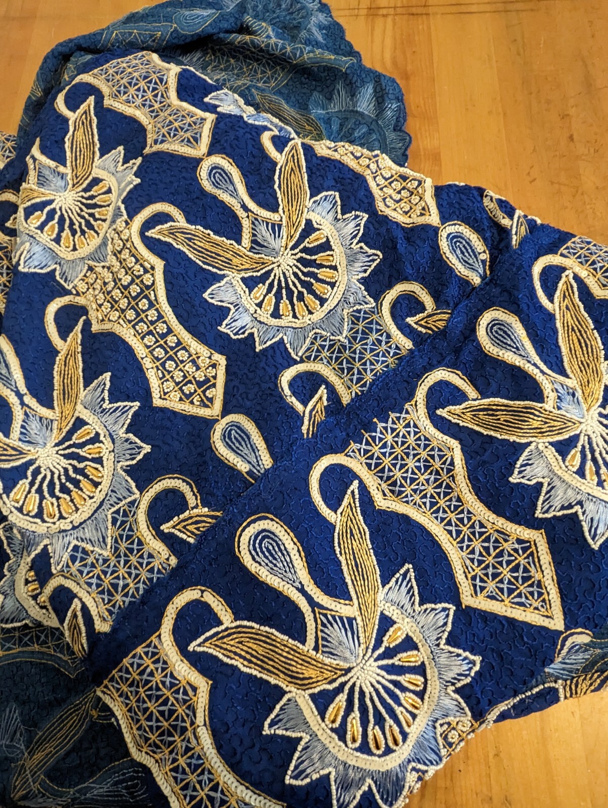 Beaded Material. African Traditional Wrapper. Blue with detailed ...