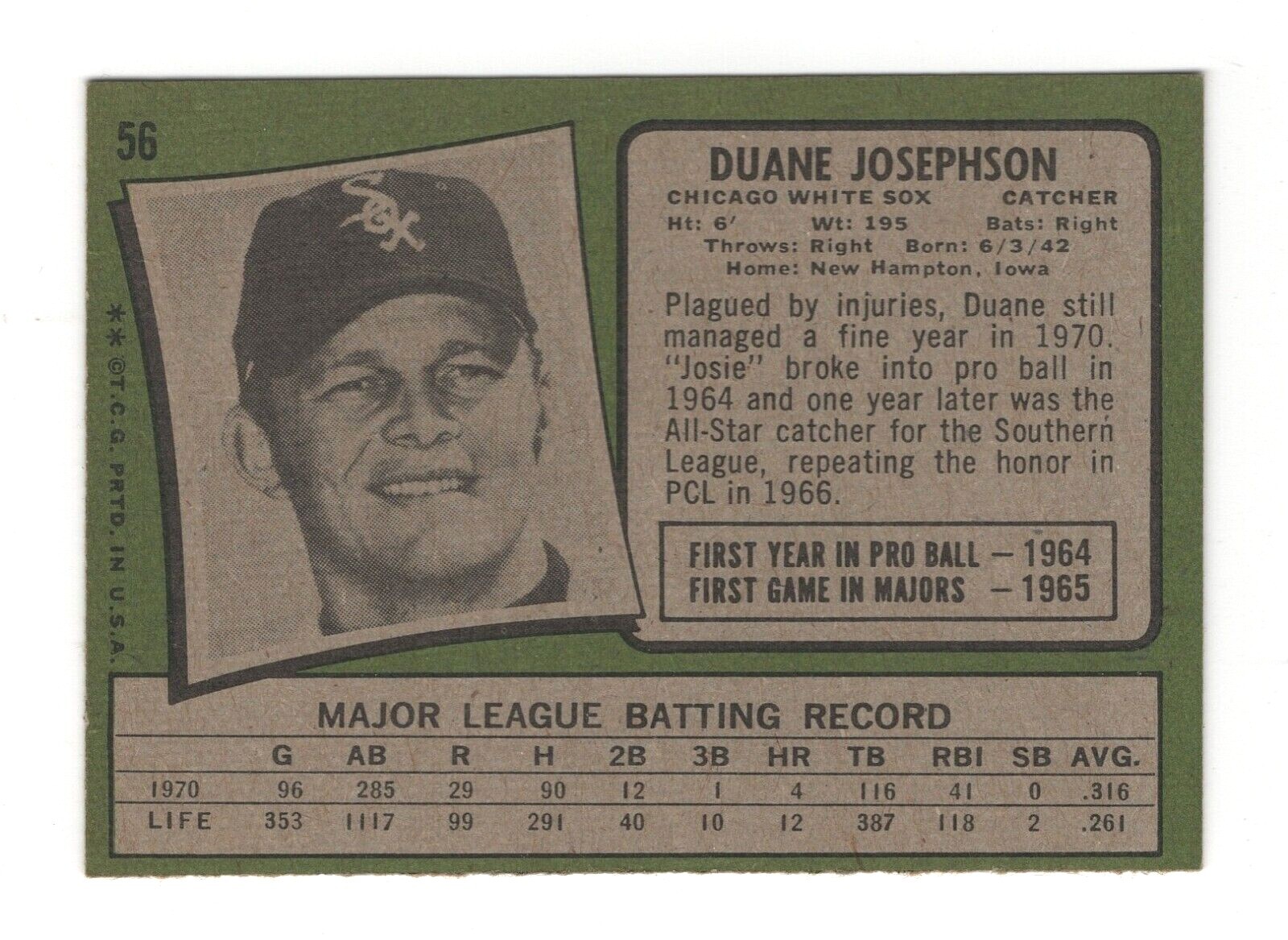 1971 Topps Baseball Card #56 Duane Josephson - Chicago White Sox | eBay
