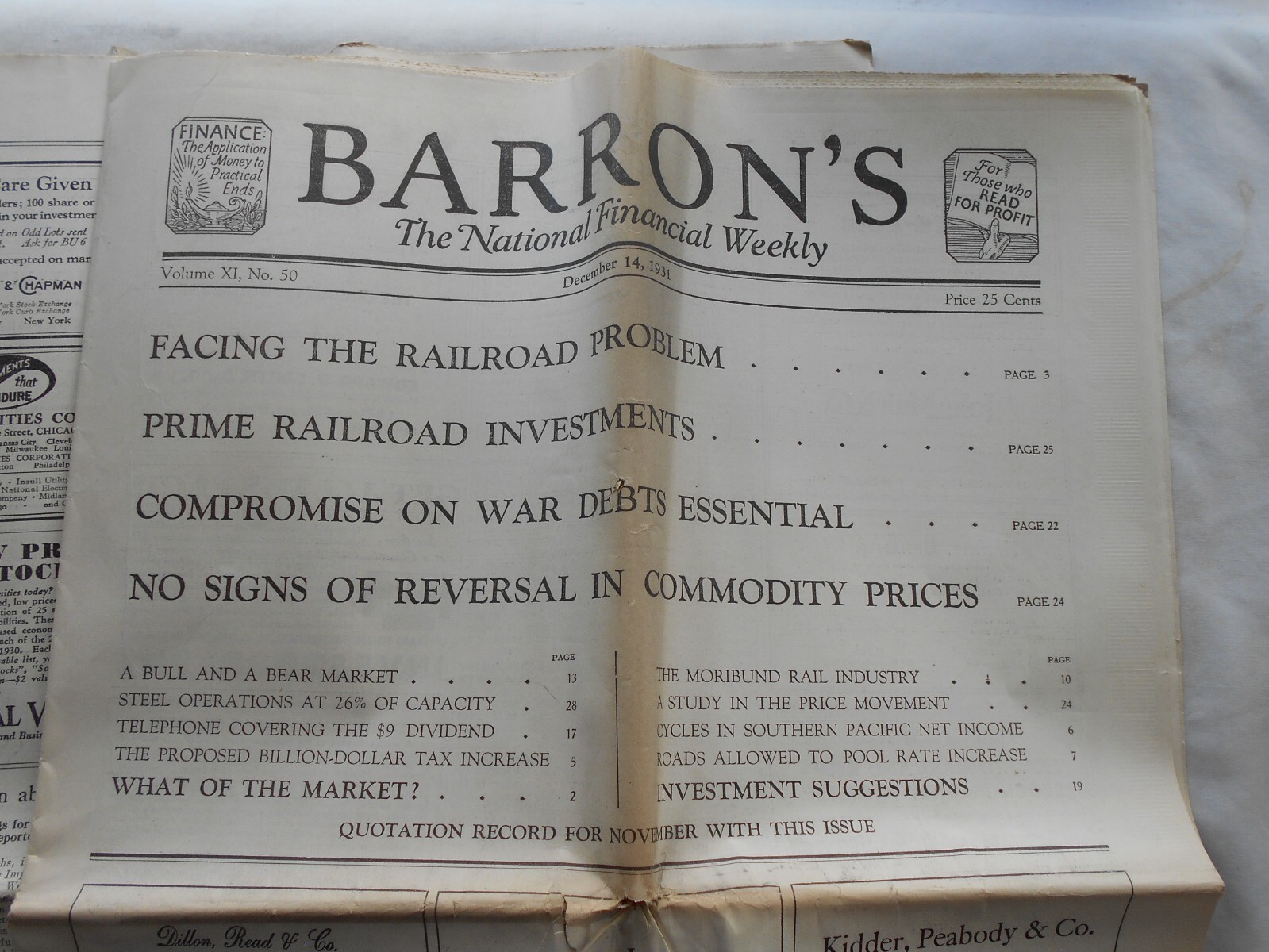 1931 DEC 14 BARRON'S FINANICIAL Newspaper/ DEPTH of THE GREAT ...