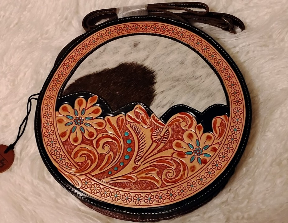 NWT Myra Bag MultiColor Floral Hand Tooled Hairon Leather Round Bag ...