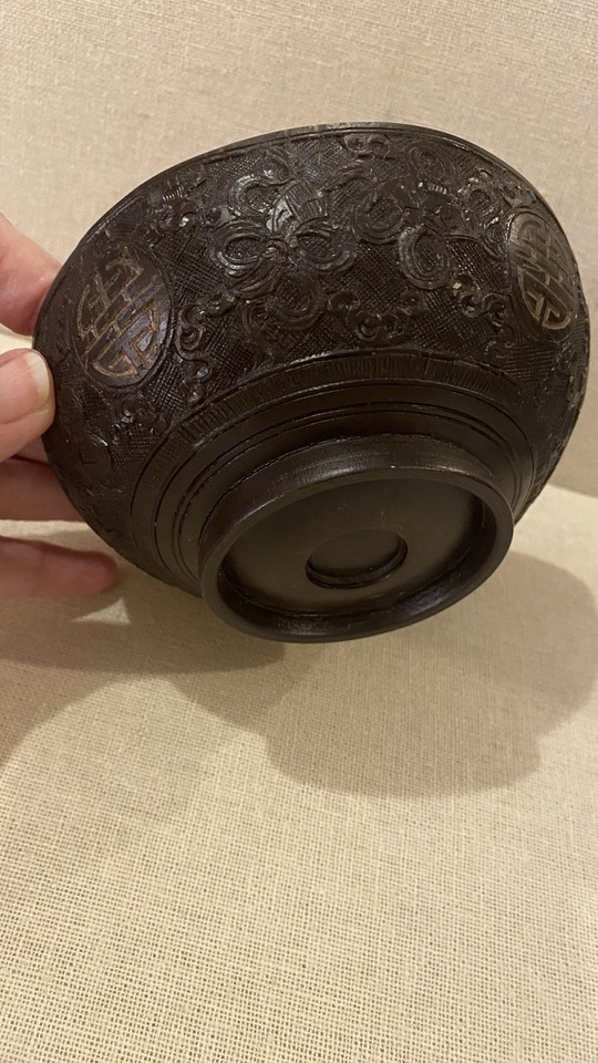 Antique Carved Coconut Shell Bowl With Carvings Of Precious Objects And ...