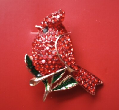 RED Rhinestones Cardinal HOLLY Leaves Brooch Pin Gold Tone | eBay
