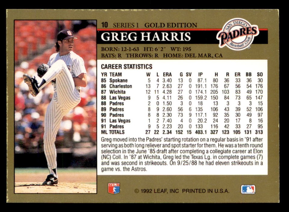 1992 Leaf Black Gold #10 Greg Harris San Diego Padres | eBay