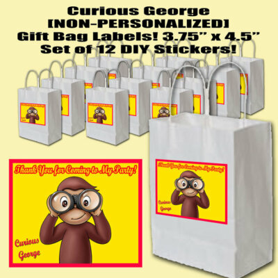 Curious George Stickers Party Favors Gift Bag Labels 3.75" x 4.75" -12 ...