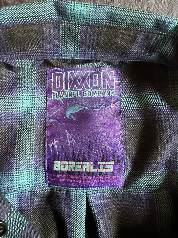 Dixxon Flannel Company Size L Borealis green/purple/black snap close ...