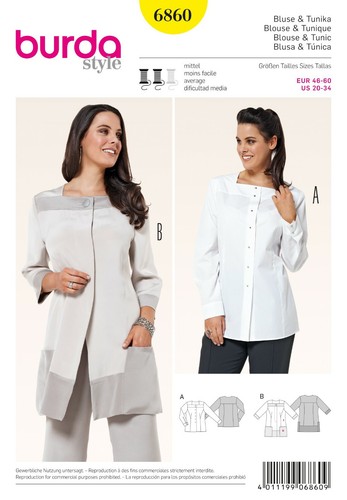 Burda Sewing Pattern 6860 - Blouse & Tunic Top, Plus Size EU 46-60, US ...