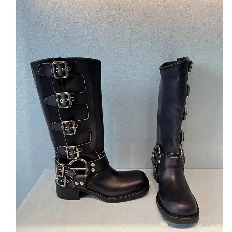 Lady Real Leather Metal Rivet Buckle Riding Boot Mid-Calf Western ...