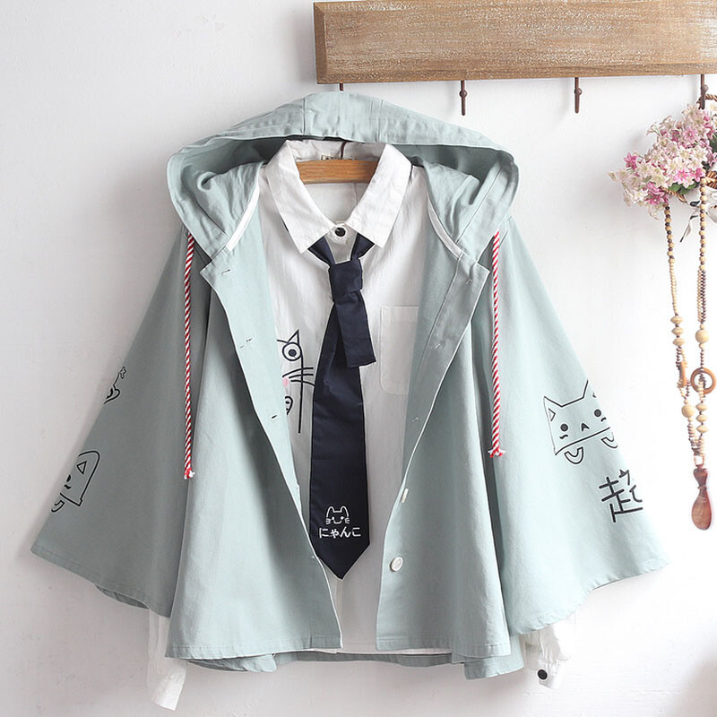 Girls Hooded Coat Jacket Loose Cloak Poncho Short Cape Overcoat Cat ...