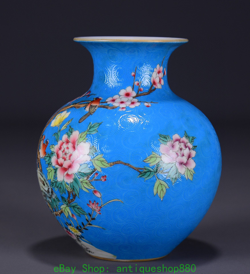 6.3" Qianlong Marked Blue Glaze Famille Rose Porcelain Flower Bird ...