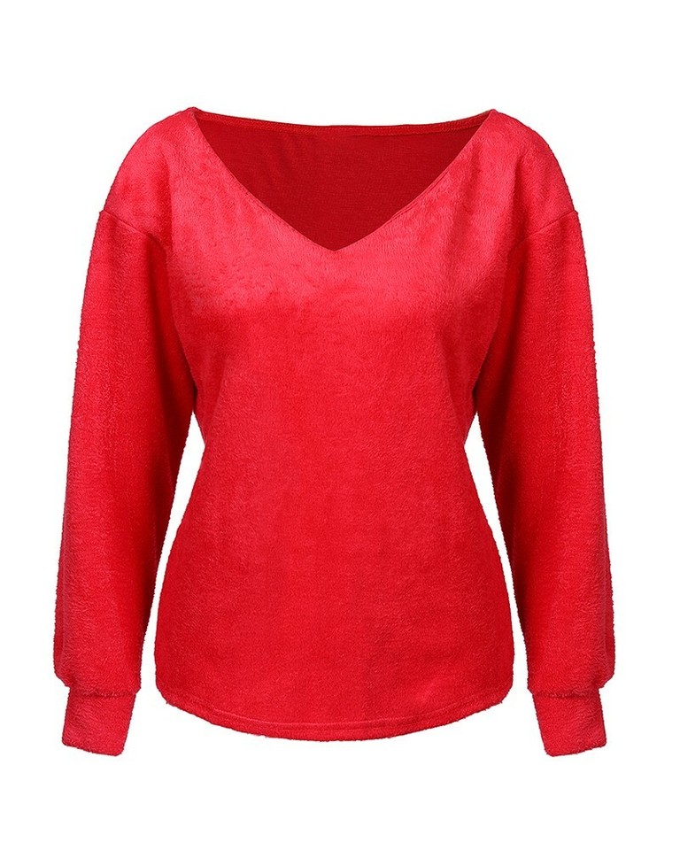 Women's Long Sleeve Fluffy V-Neck Sweater Red | eBay