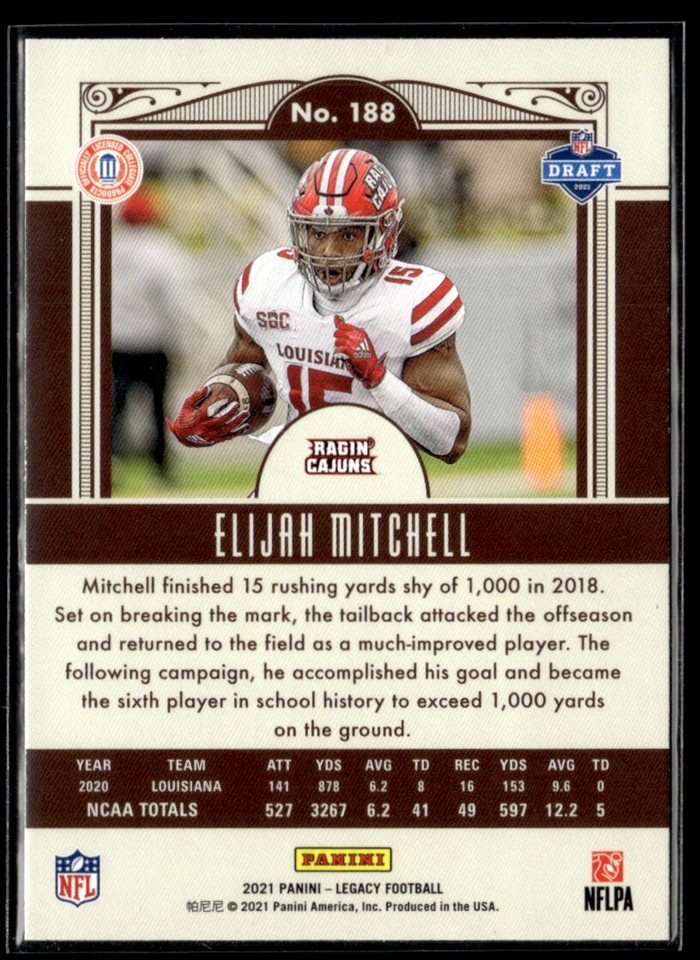 2021 Panini Legacy #188 Elijah Mitchell Rookie Louisiana-Lafayette ...