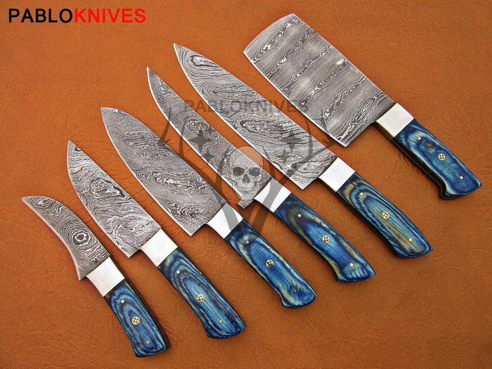 Set Of 6 Custom Handmade Damascus Steel Chef Knife” Blue Wood Handle ...