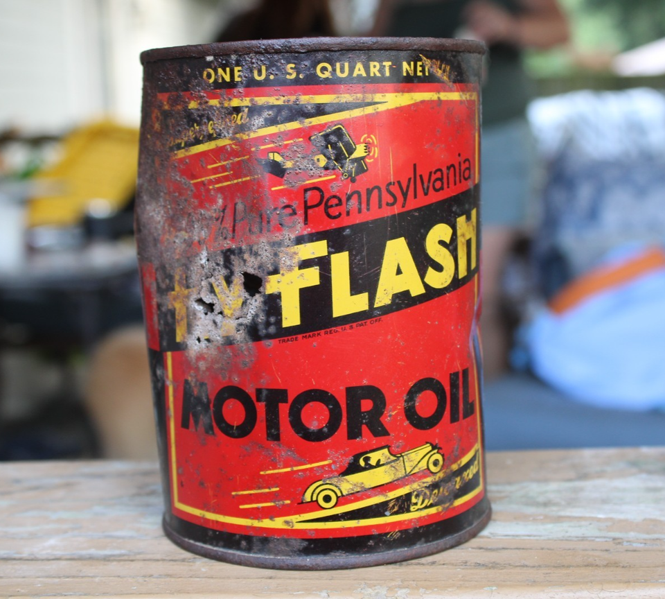 Rare 1930s era HY-FLASH MOTOR OIL Old Solder Seam Tin 1 qt. Can ~KILLER ...