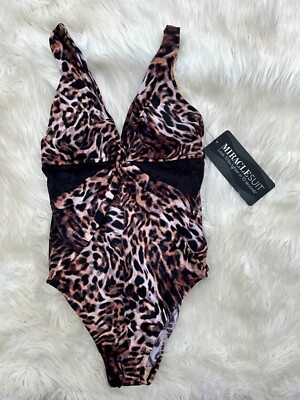 MIRACLESUIT Twist of Fate 1 PC V Neck Mesh Cut Out Leopard Swimsuit Sz ...