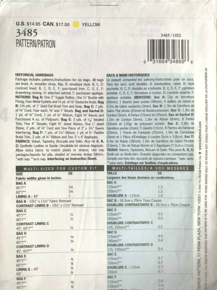 Butterick Historical Handbags Pattern 3485 UNCUT | eBay