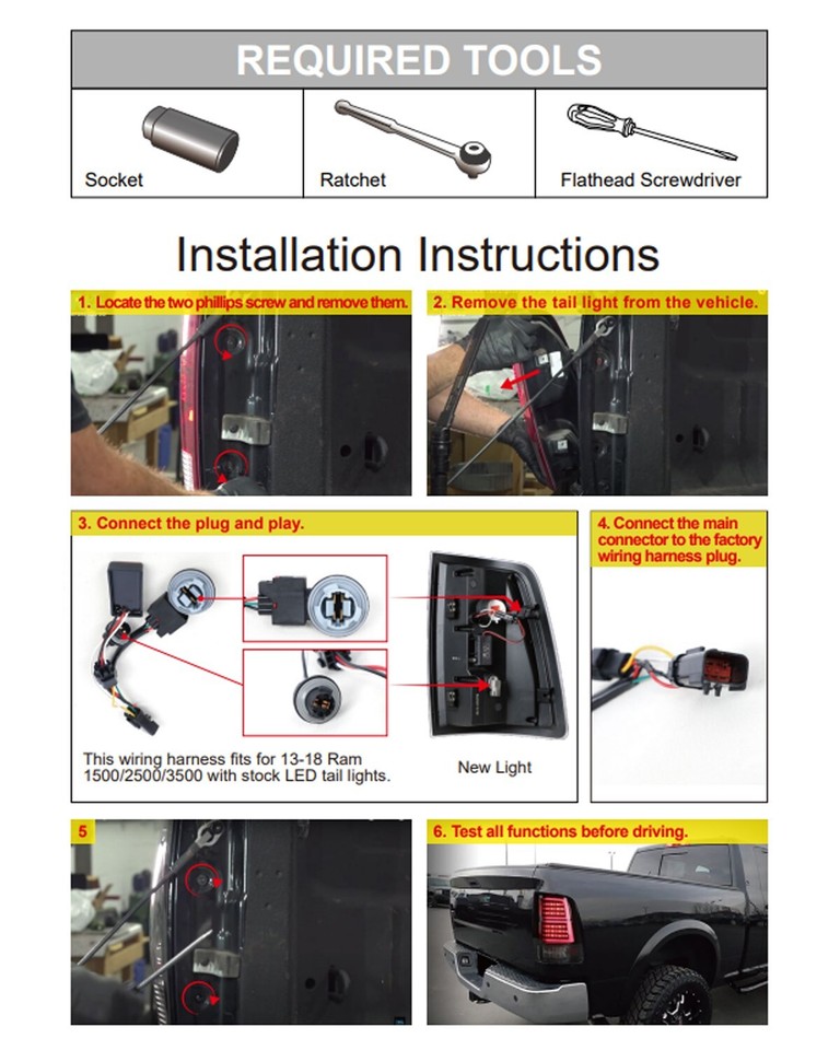 LED Tail Lights Conversion Wire Harness Kits For 2013-2018 Ram 1500 ...