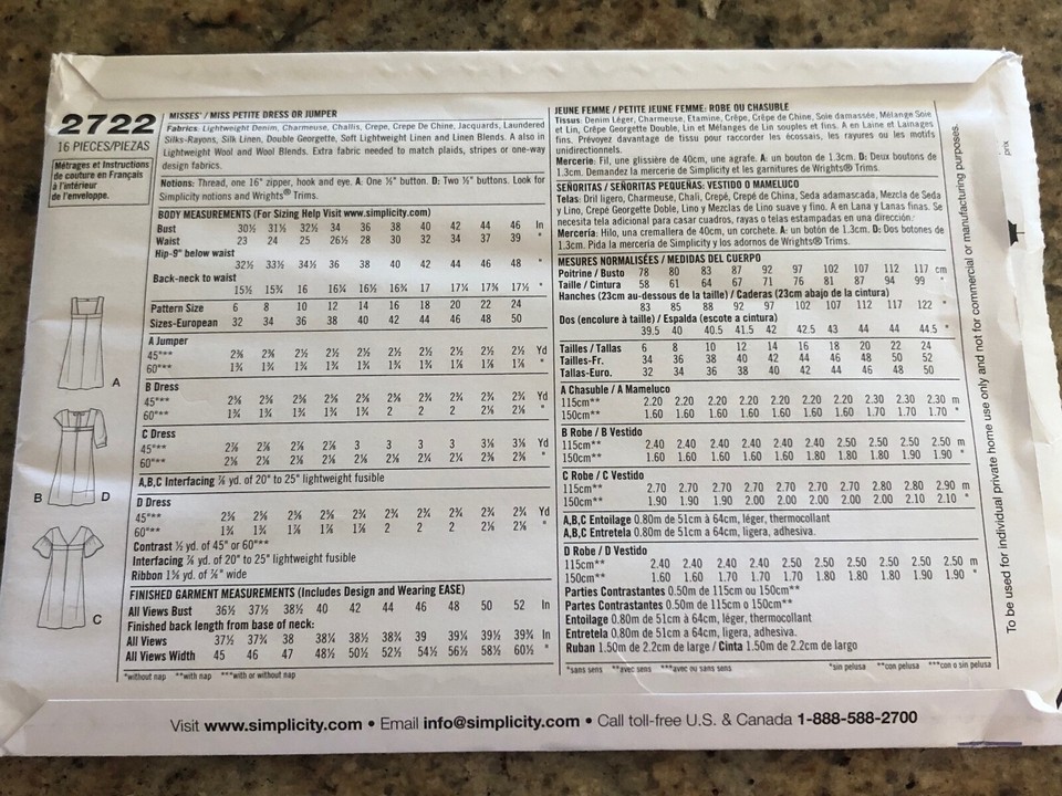 🌻 SIMPLICITY #2722 - LADIES SQUARE NECKLINE LOOSE SUMMER DRESS PATTERN ...
