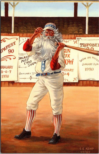 Postcard: 1990 Postcard Show, Patriotic Uncle Sam Santa Claus Playing ...
