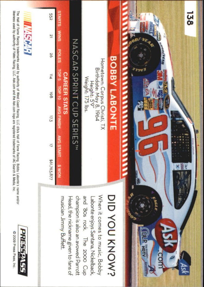 2009 Press Pass Gold #138 Bobby Labonte | eBay