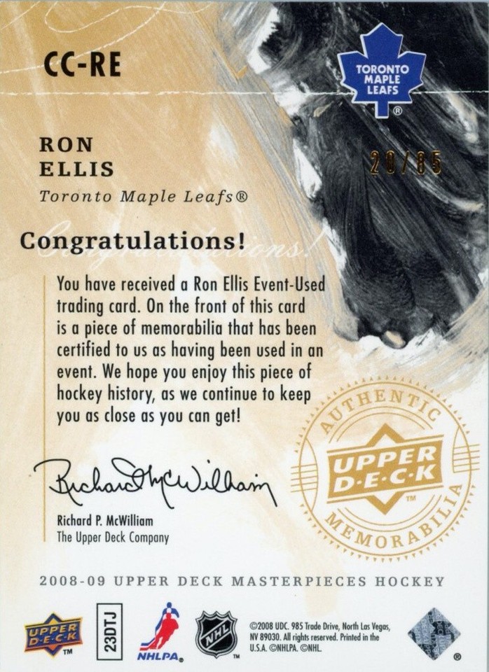 2008 Upper Deck Masterpieces Canvas Clippings Green 61/ 85 Ron Ellis # ...